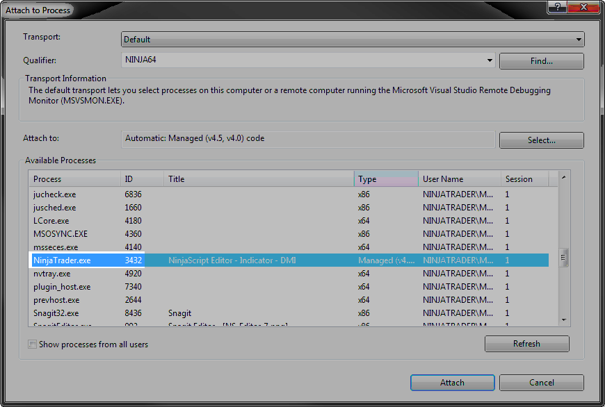 NinjaScript > Editor > Visual Studio Debugging