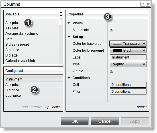 Operations > Market Analyzer > Working with Columns