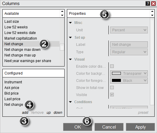 Operations > Market Analyzer > Working with Columns