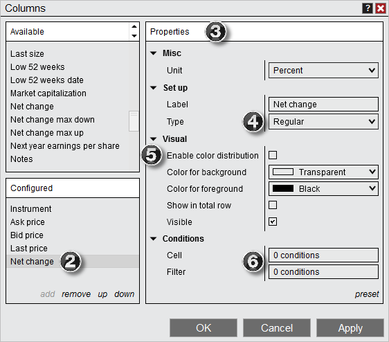 Operations > Market Analyzer > Working with Columns